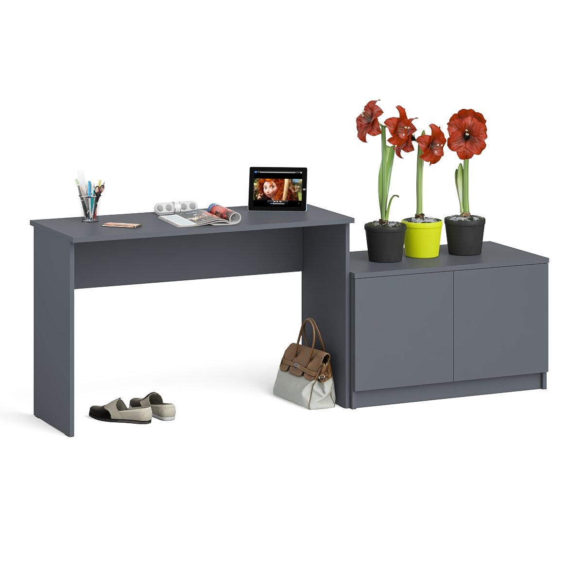 Стол письменный СВК Мори 1200 с тумбой с дверками графит, ШхГхВ 210,8х50,4х76,6 см