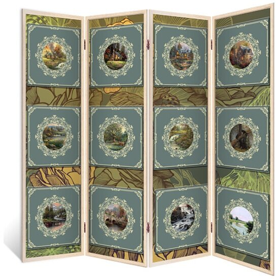 Ширма перегородка Декор Депо для комнаты деревянная "Домашняя галерея" двухсторонняя с картинкой (уют) 4 створки кремовый дуб 176х185 см 14 кг