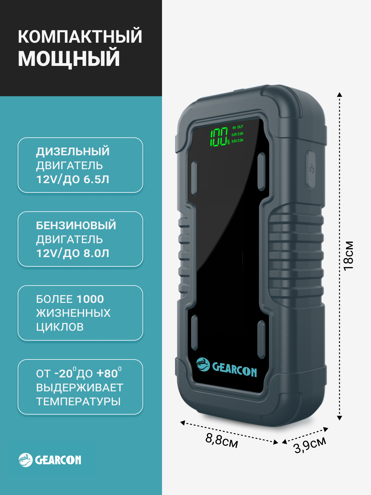 Пусковое устройство GEARCON 2000 А, ПЗУ для запуска двигателя с фонариком и powerbank, 20000 mAh — фото 1