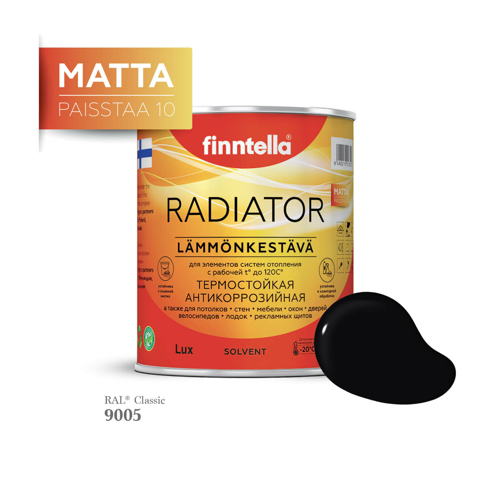 Краска для радиаторов быстросохнущая финская эмаль FINNTELLA RADIATOR Matta. Матовая. Цвет RAL9005 , 0,9л