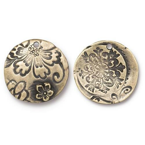 Подвеска 22мм, TierraCast, круглая, базовый материал - оловянный сплав, Флора, бронзовая с чернением, 1 шт.