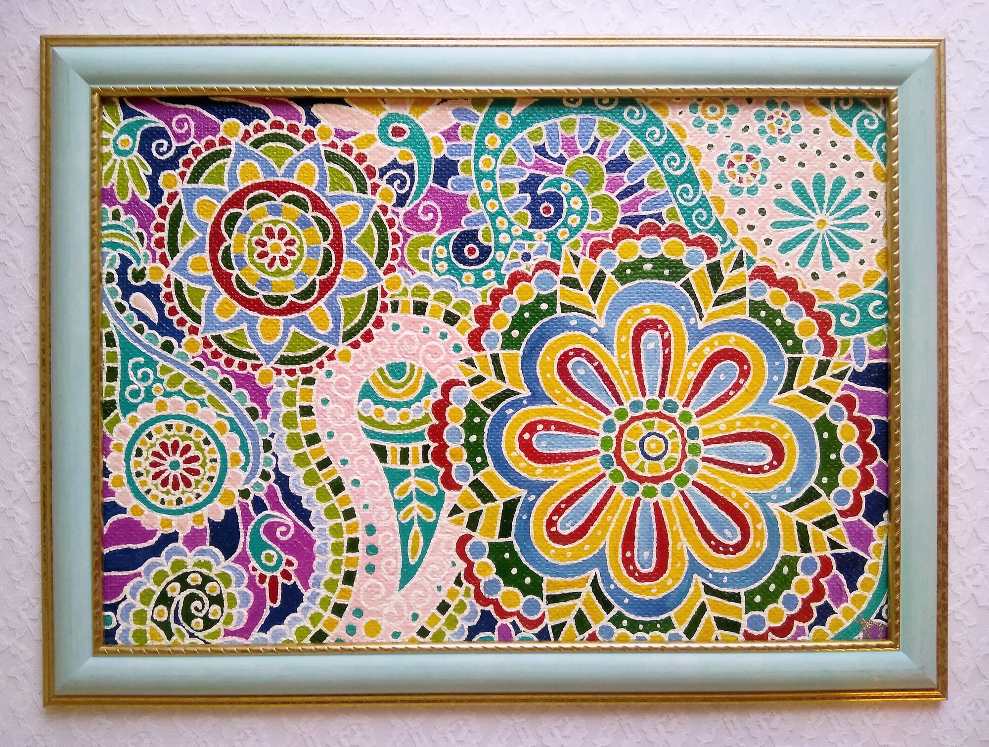 Картина маслом 25х35 см Зендудл орнаментальные мотивы на грунтованном оргалите