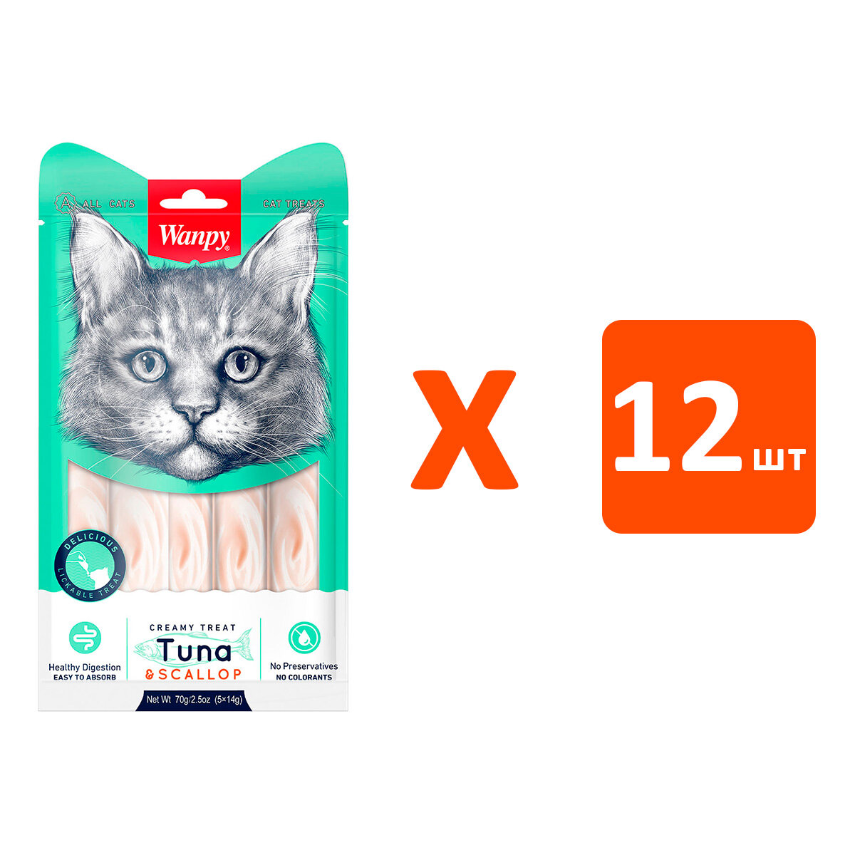 Лакомство WANPY CAT для кошек нежное пюре с тунцом и гребешком (70 гр х 12 шт)