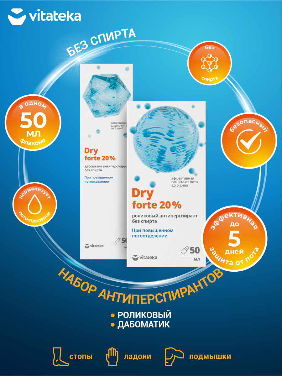 Набор средств от обильного потоотделения без спирта Vitateka Роликовый антиперспирант + Дабоматик