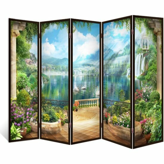 Ширма перегородка Декор Депо для комнаты деревянная "Терраса с видом на горное озеро" двухсторонняя с картинкой (живопись) 5 створок венге 176х230 см 18 кг
