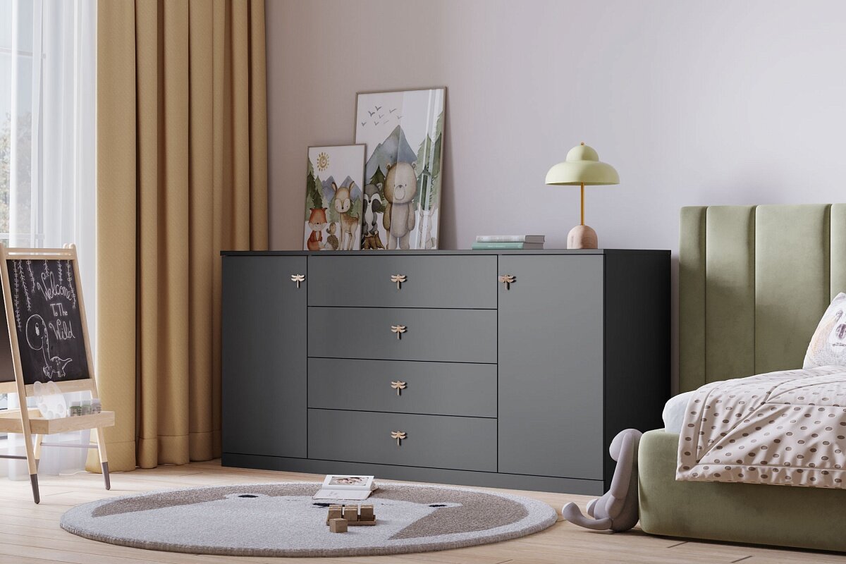 Комод МебельЛэнд24 Стрекоза - 3 МДФ Графит 160x52x80 серый двухдверный с 4 ящиками