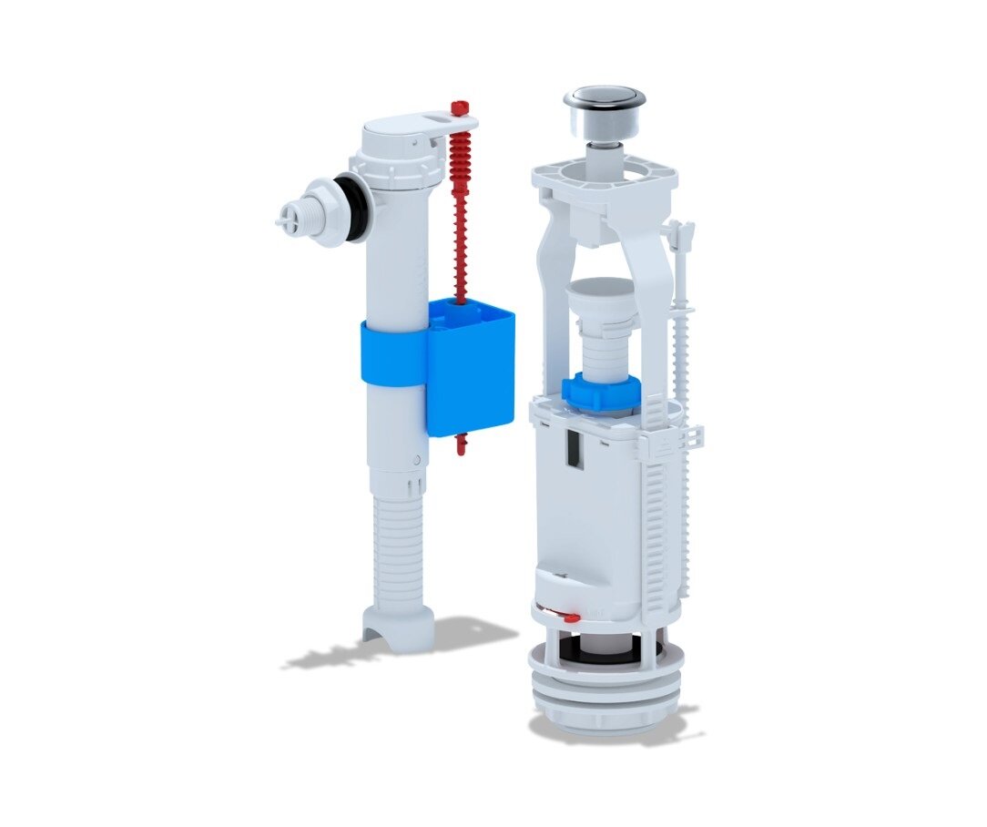 Комплект арматуры для бочка унитаза АНИ пласт WC8010С, с боковой подводкой 1/2", с пластиковым штуцером, кнопка хром