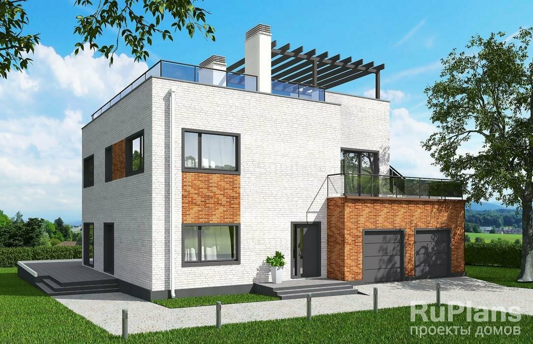 Двухэтажный дом с террасами и эксплуатируемой кровлей (293 м2, 21м x 18м) Rg5832