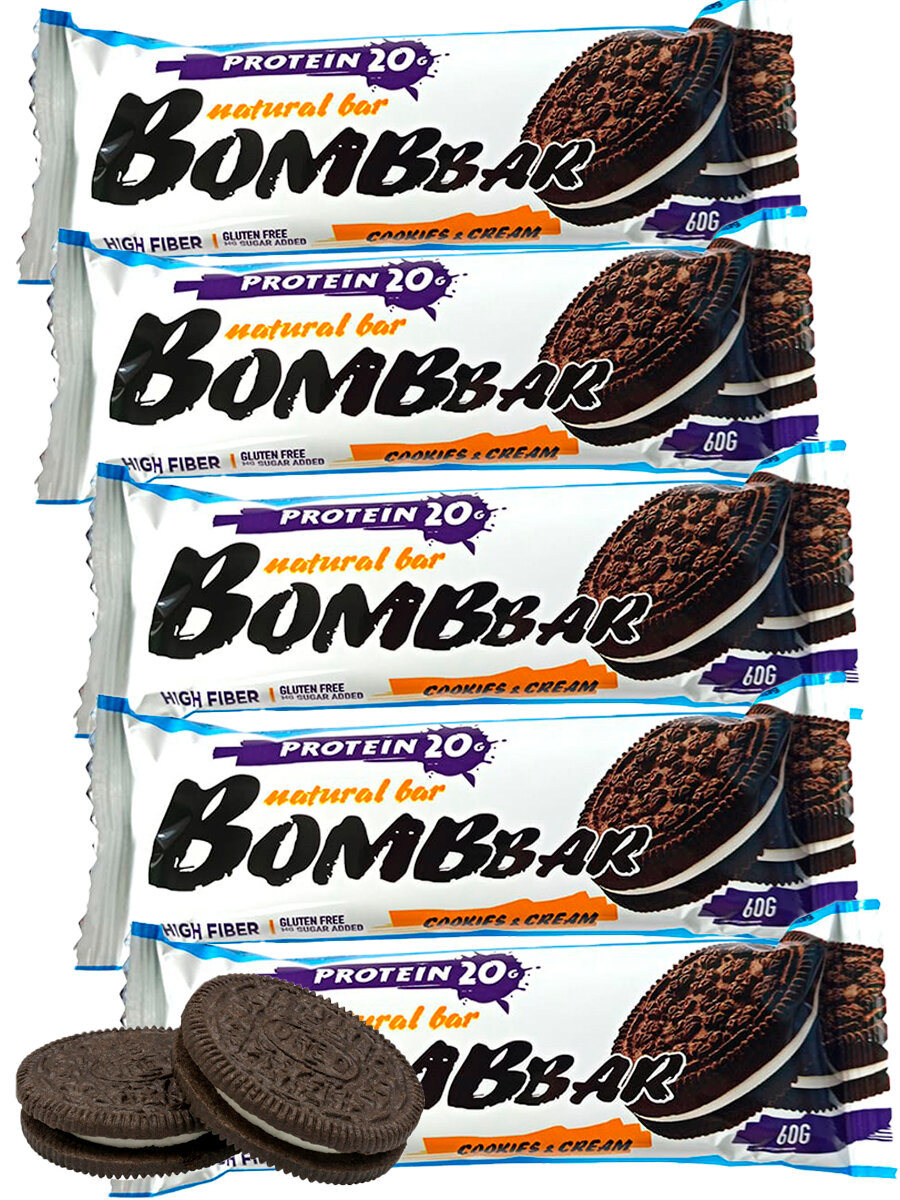 Протеиновый батончик BombBar Protein Bar 5 x 60 г, Печенье с кремом