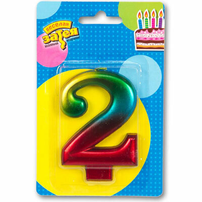 Свеча -цифра "2" Радуга металлик 8см/V