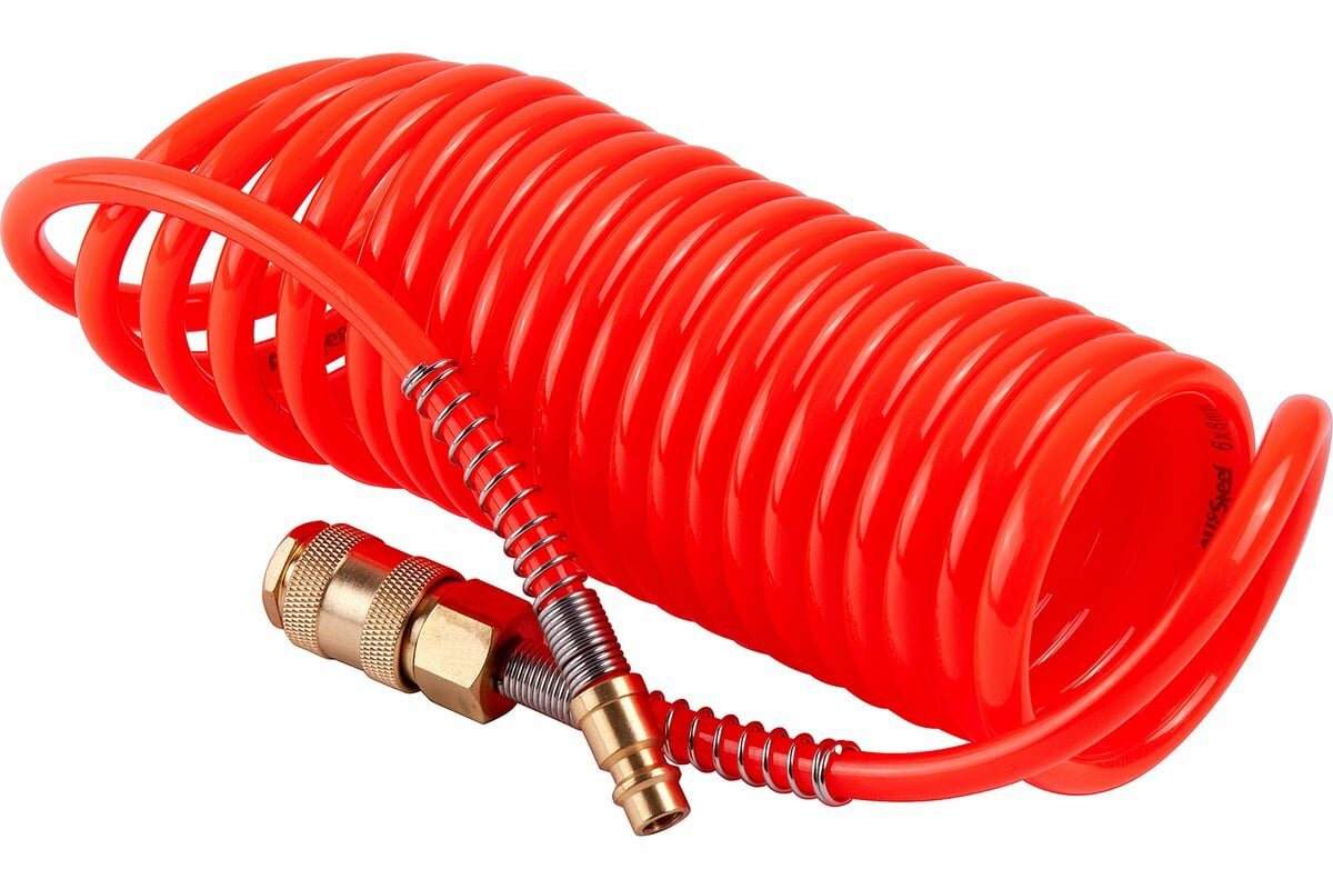 AV Steel AV-700005 Пневматический спиральный шланг PU 6x8 мм 5 м с быстросъемными фитингами