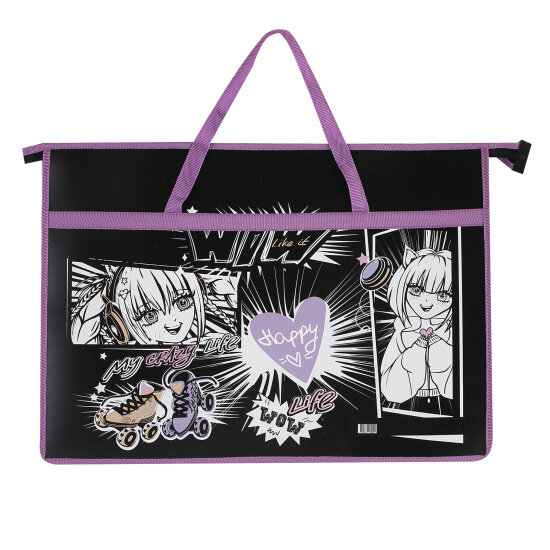 Папка для художника А3, 34*47*5 см, пластик, на молнии сверху, 1 отделение, цвет черный Тайны аниме