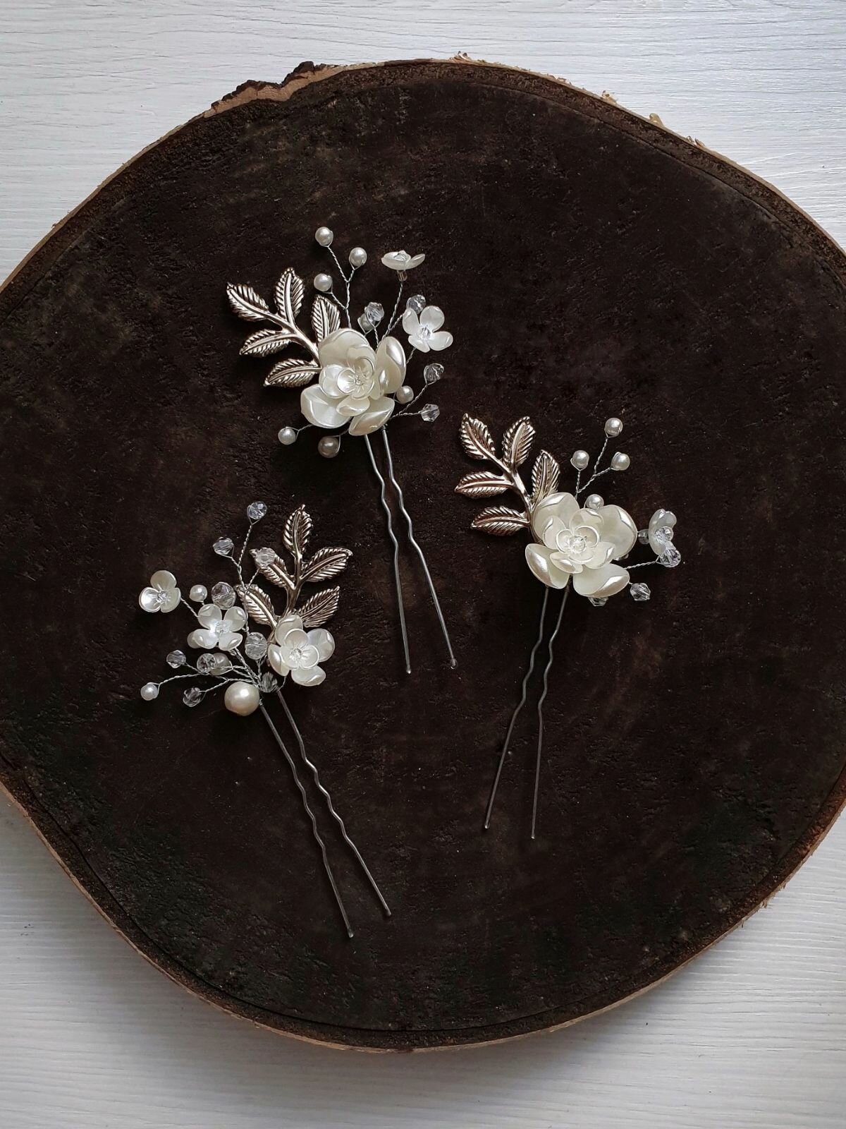 Шпильки с цветами 3 шт. Украшения в прическу, свадебные заколки, жемчужные шпильки для волос;
