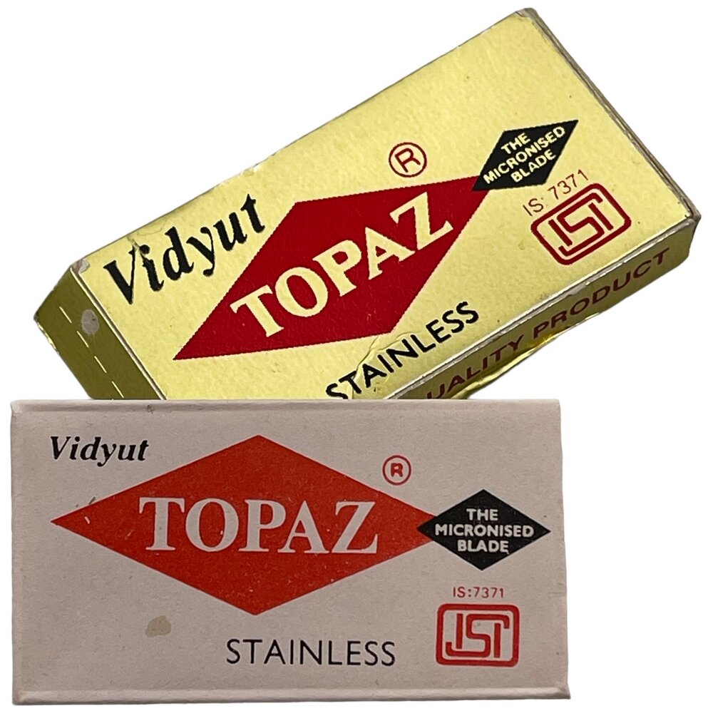 Лезвие для бритвы "Topaz" (5 штук), сталь, 1970-1980 гг, Индия (уп. вскрыта)