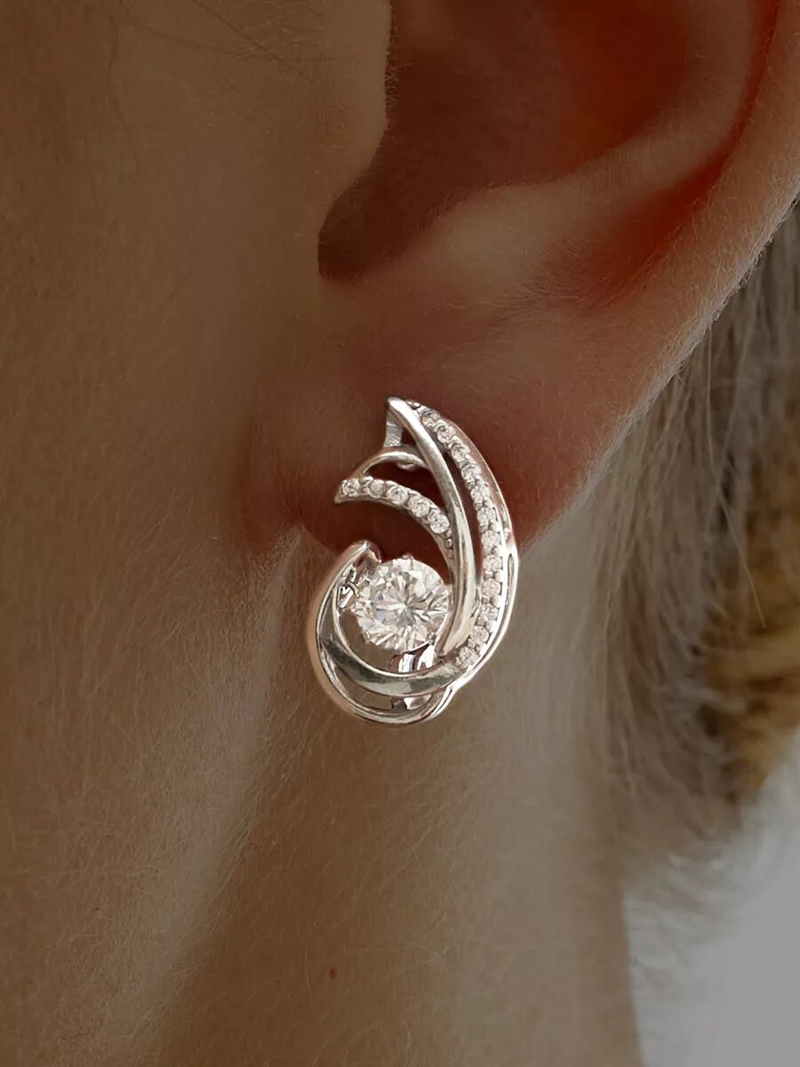 Серьги, серебро, 925 проба, родирование, фианит