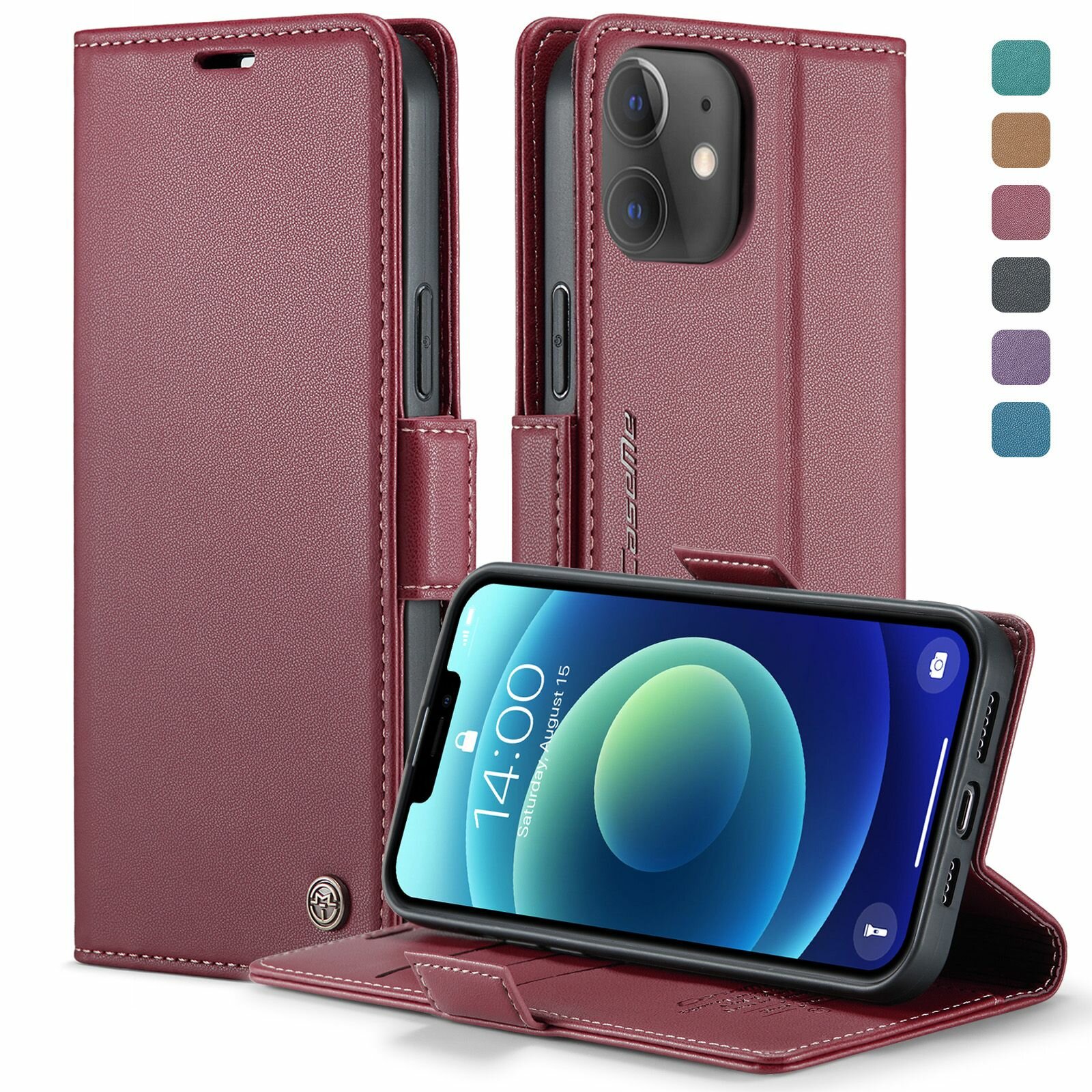 CaseMe Кожаный чехол для Apple iPhone 12 / iPhone 12 Pro / Aйфон 12 про RFID-блокировка, магнитная застежка, держатель для карт, подставка, противоударная, новинка