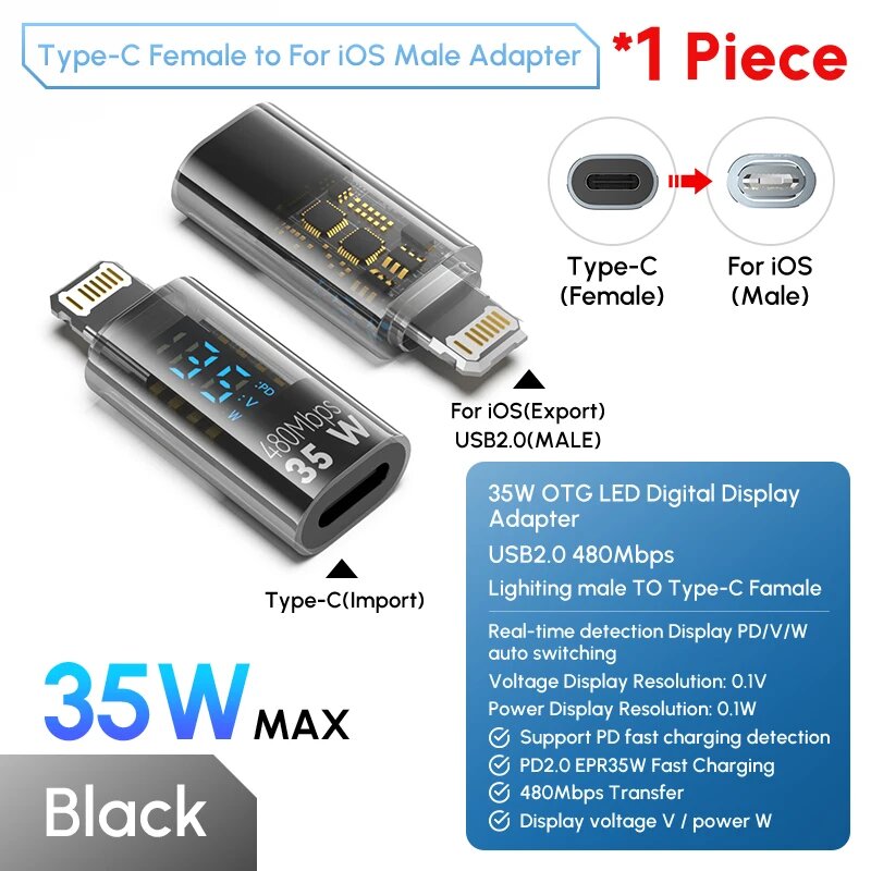 Тип C Женский адаптер для молнии Мужской 35 Вт Цифровой дисплей для ios Преобразователь быстрой зарядки для Iphone 15 14 13 Pro Max Test For iOS Male Black