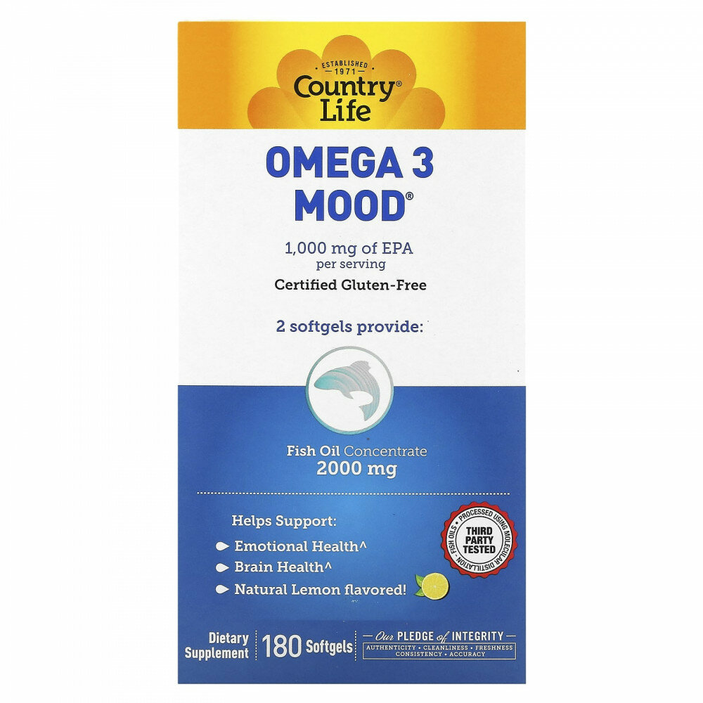 Country Life, Omega 3 Mood®, натуральный лимонный вкус, 180 капсул