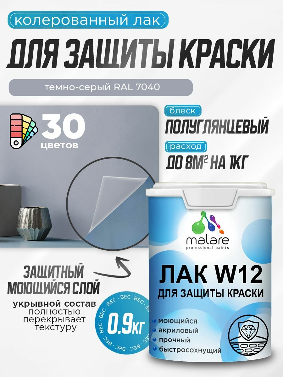 Лак колерованный укрывной для защиты акриловых красок Malare W12 моющийся универсальный быстросохнущий экологичный, полуглянцевый RAL 7040 темно-серый, 0.9 кг.