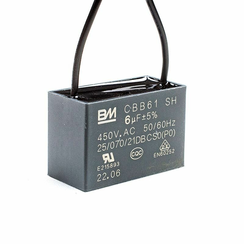 Конденсатор пусковой BM CBB61 6 мкФ 450 В с проводами (1 штука)