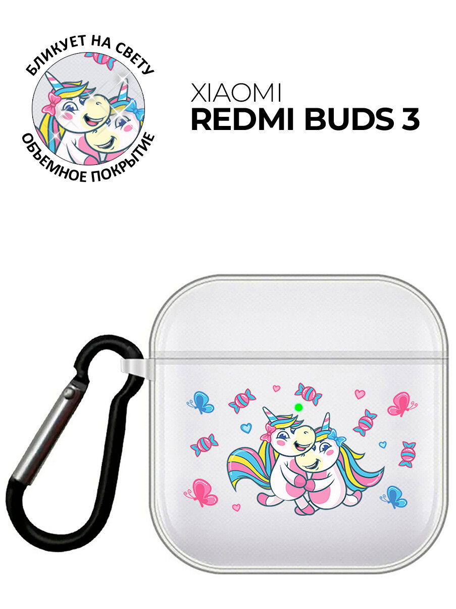 Чехол на Xiaomi Redmi Buds 3 с принтом "Единорог и конфеты" прозрачный