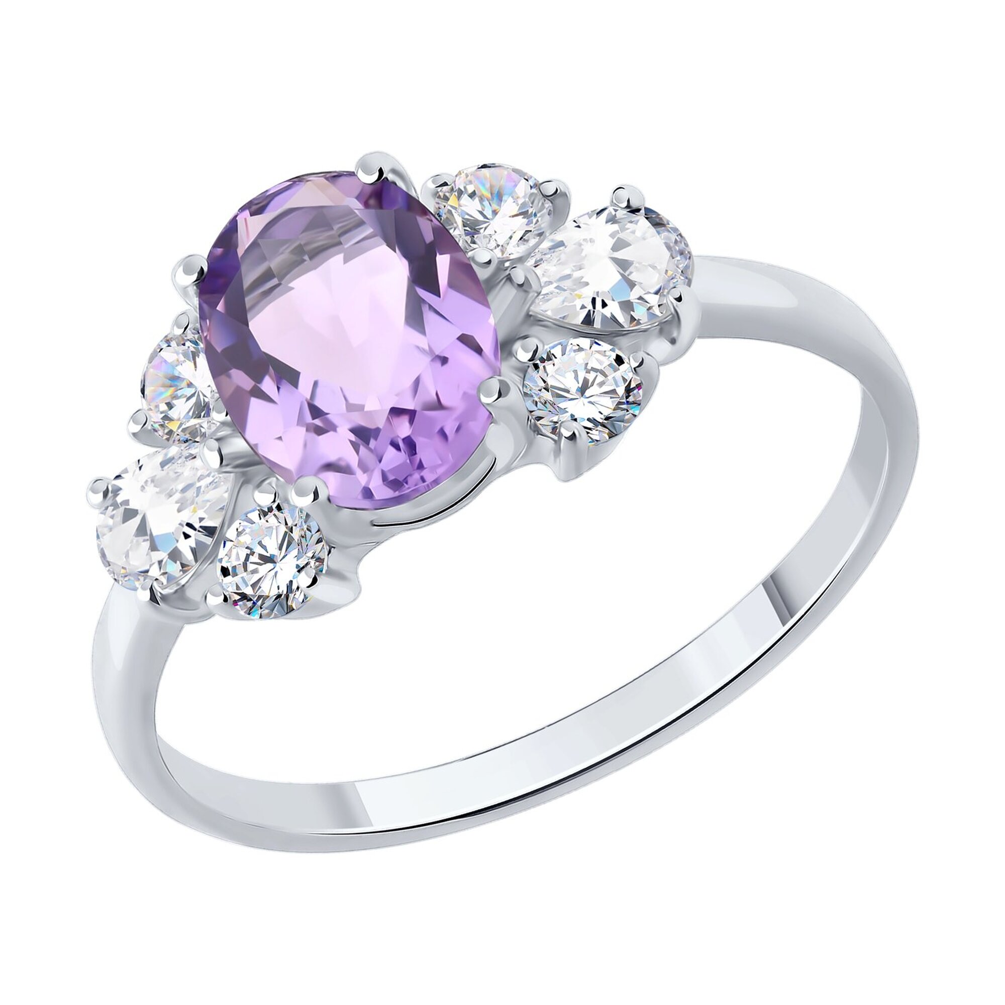 Кольцо, серебро, 925 проба, родирование, аметист, фианит