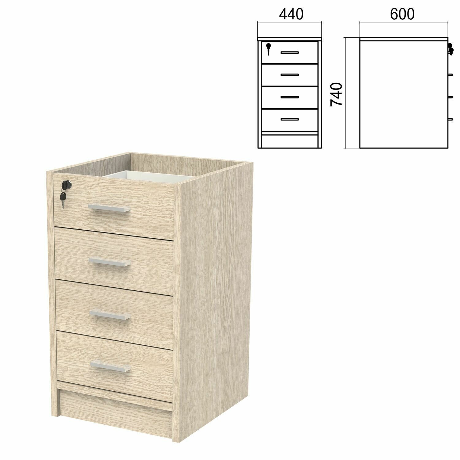 Тумба приставная Арго каркас без крышки, арго, 440х450х740 мм, 4 ящика, замок, ясень шимо