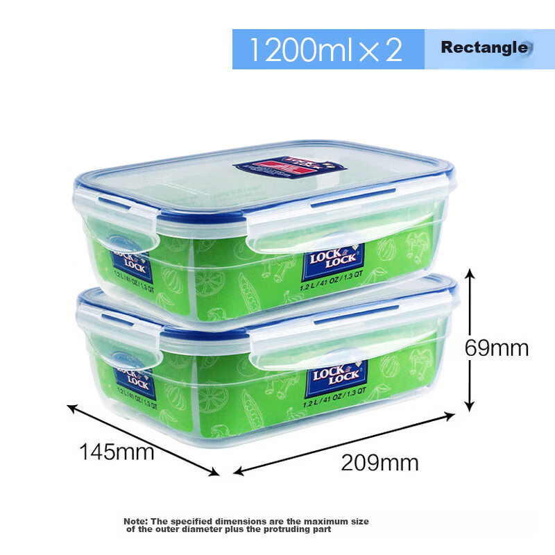 Lock & Lock, Imported Food Storage Containers, Two-Piece Set, Plastic Lunch Boxes, Sealed Bento Boxes, Food Preservation Bowls, 1.2L*2 Rectangular