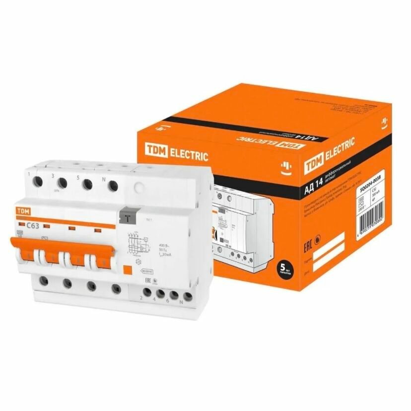 TDM Electric Дифференциальный переключатель АД14 63A 30mA 4.5kA 400B SQ0204-0045