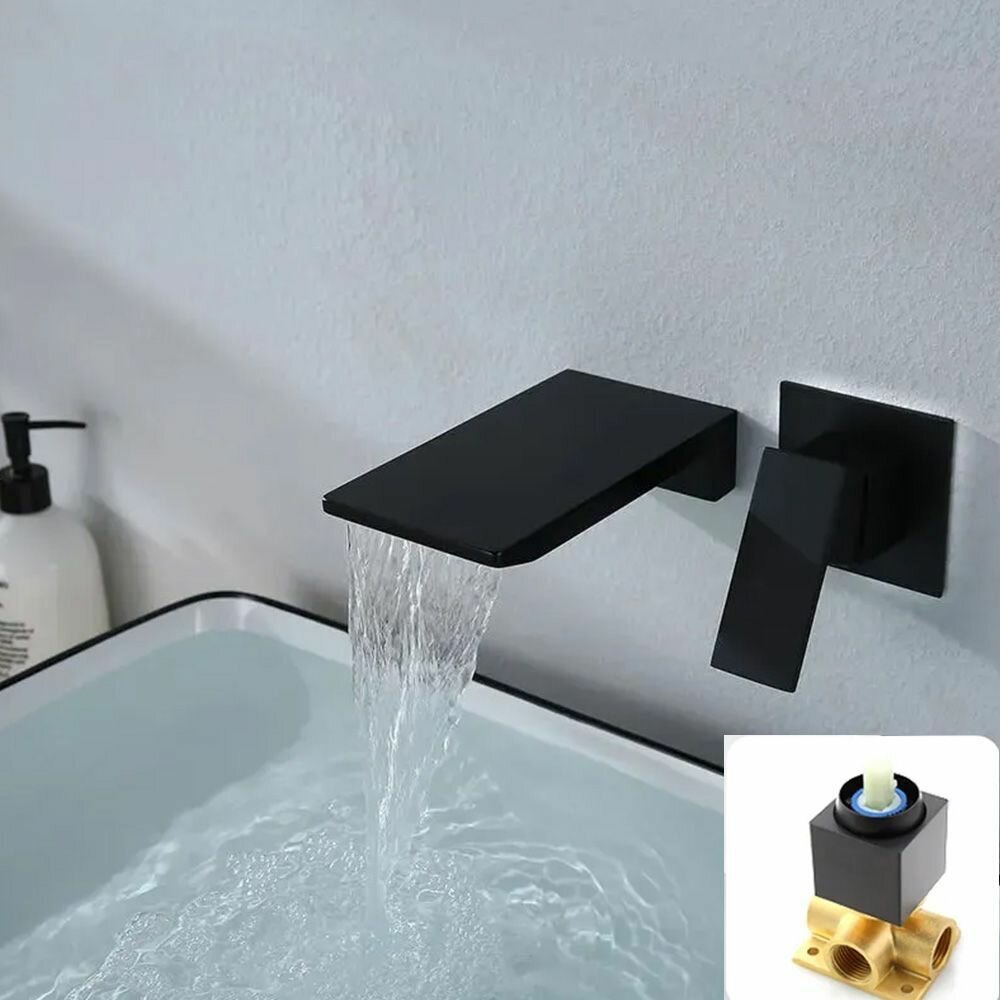 Смеситель для раковины "Водопад", латунь, каскадный излив, матовый чёрный