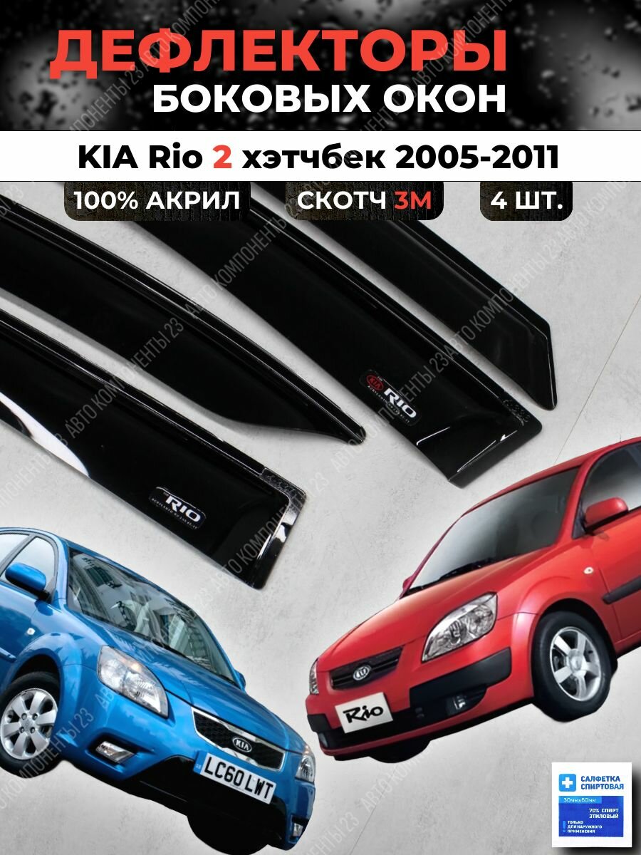 Дефлекторы окон Киа Рио 2 хэтчбек 2005-2011 / Ветровики KIA Rio Кия