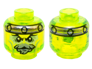 Minifigure, Head Alien Ghost with Gray Goatee, Yellowish Green Eyes and Metal Band on Front and Back Pattern, 3626pb1401 Trans-Neon Green U