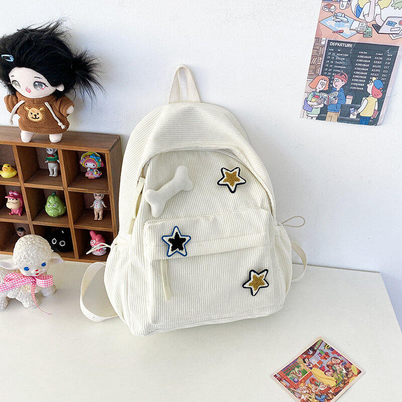Рюкзак школьный для девочки белый вельветовый / Рюкзак корейский Y2K милый для школы модный со звездами