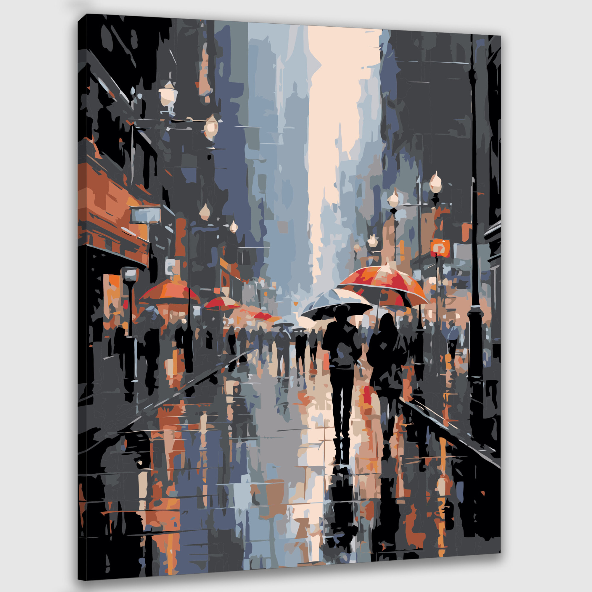 Картина по номерам 40x50 см, картина, масло, дождь, городская улица, зонтики, тротуары, отражения, мокрый асфальт
