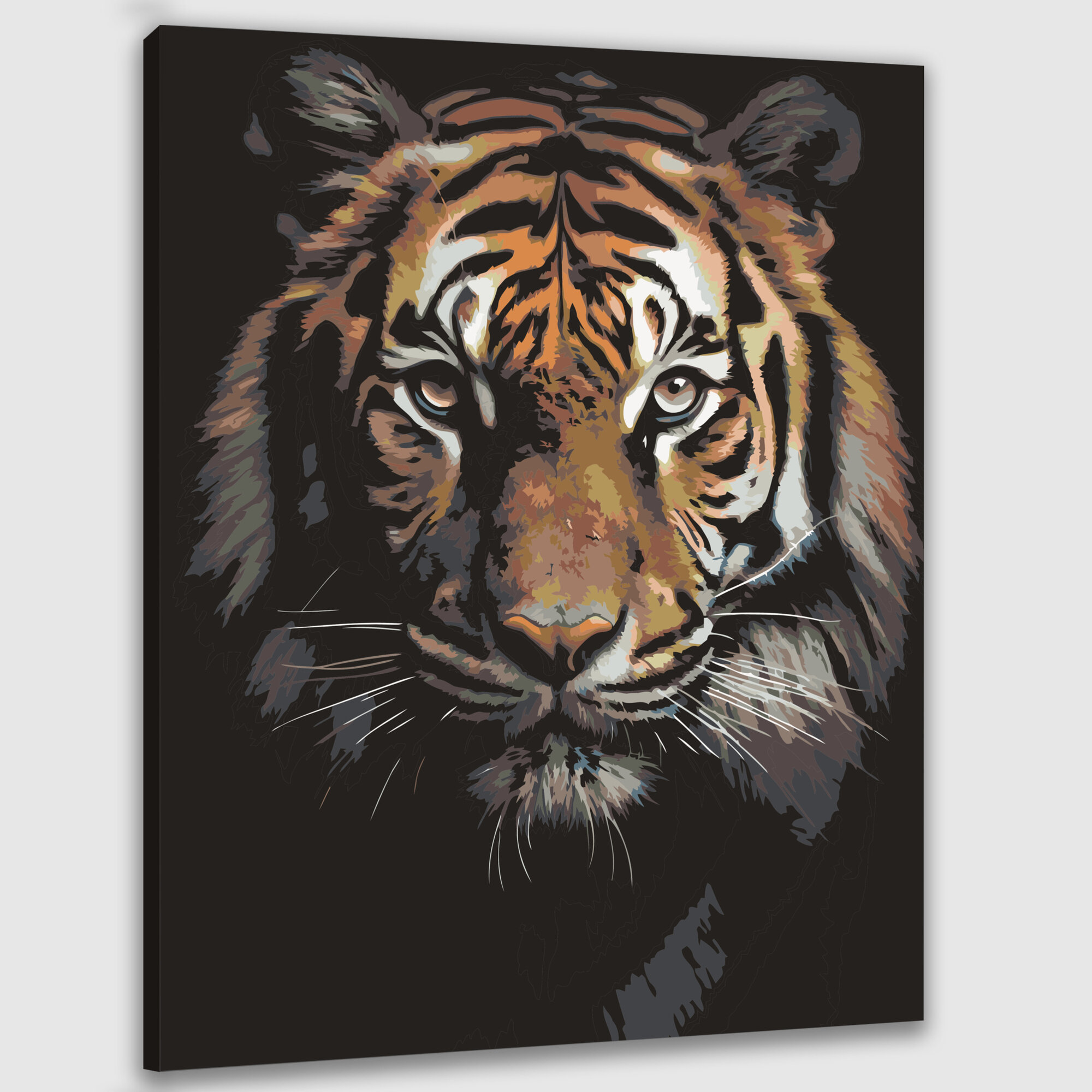 Картина по номерам 40x50 см, фотография, тигр, взгляд, глаза, мех, усы, темный фон, мощь, обрамление, напряженность