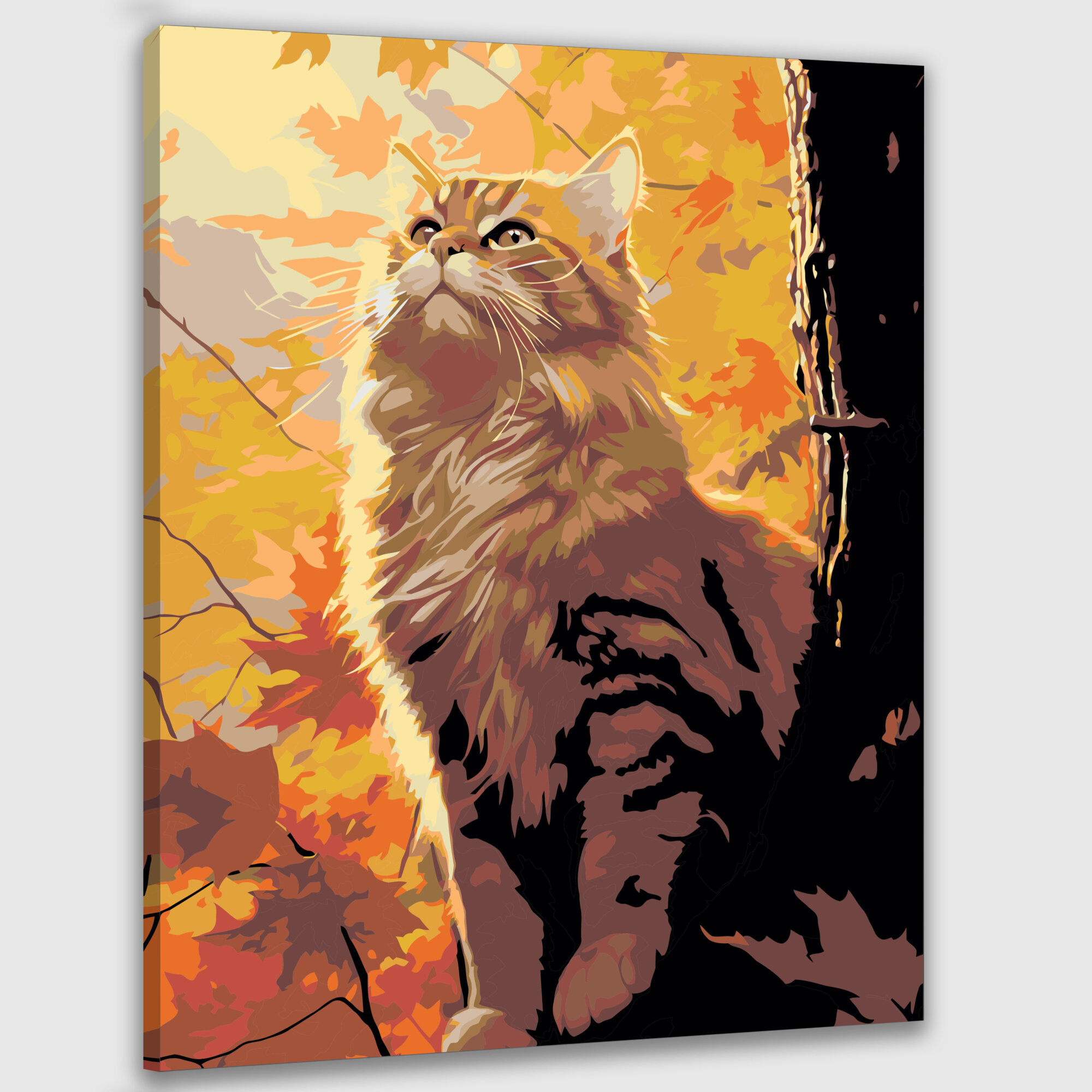 Картина по номерам 40x50 см, картина, масло, кот, мейн-кун, солнечные лучи, падающие листья, золото, медь