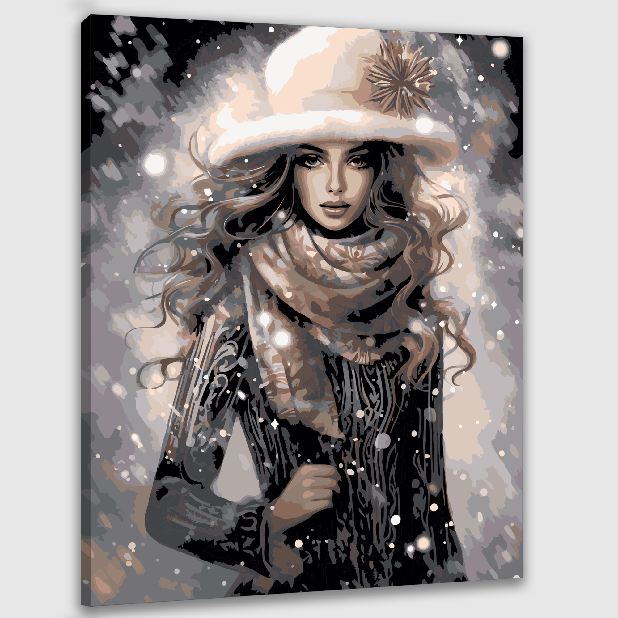 Картина по номерам 40x50 см, картина, искусство, смешанная техника, модница, зимний наряд, снежинки, коллаж