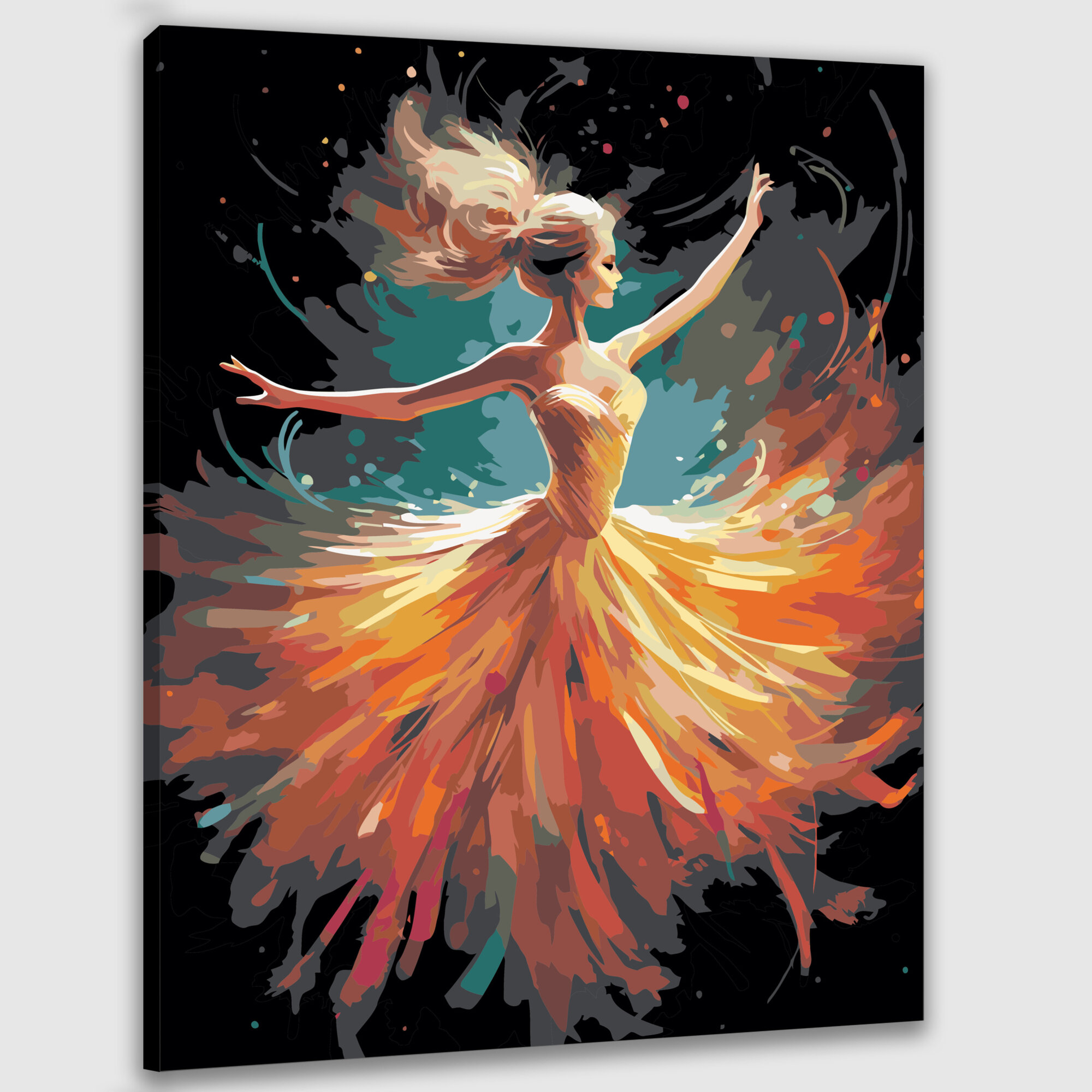 Картина по номерам 40x50 см, Яркая цифровая картина, балерина, прыжок, калейдоскоп цветов, сверкающие огни, красота