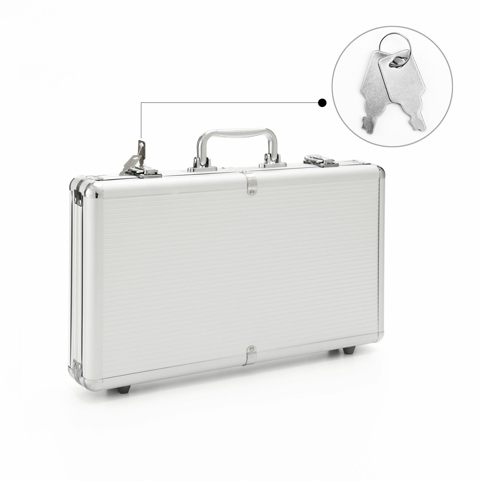 Металлический кейс, 38x21x6.5 см, размер упаковки: 25 x 8 x 41.5 см.