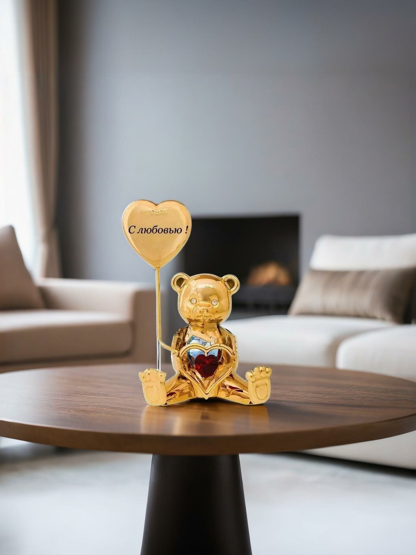 Статуэтка с кристаллами Сваровски "Мишка с сердцем", высота 8,5 см, металл, кристаллы Сваровски, цвет золотистый