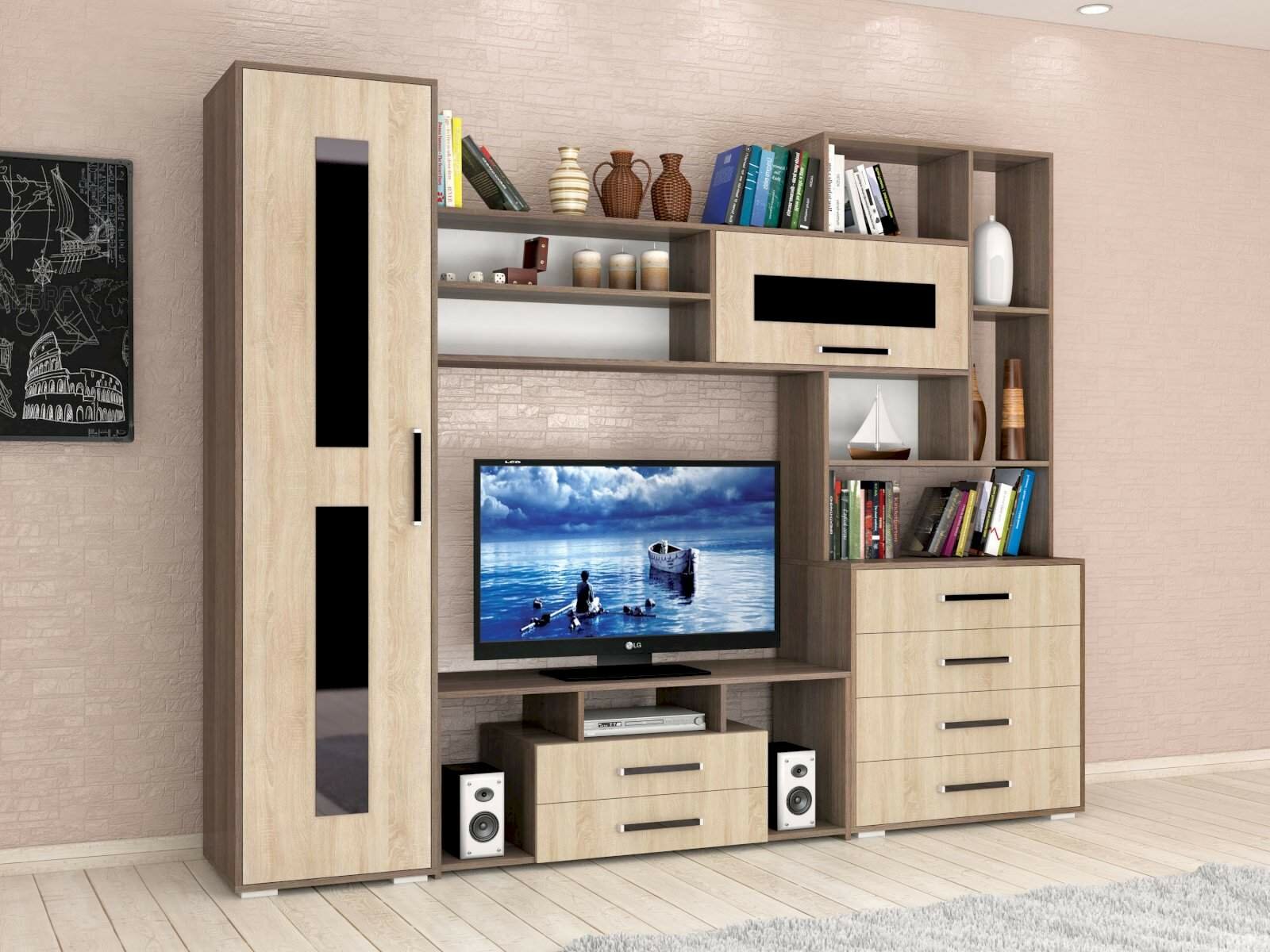 Стенка в гостиную Оскар-6 250х200х45 см, цвет ясень шимо/дуб сонома