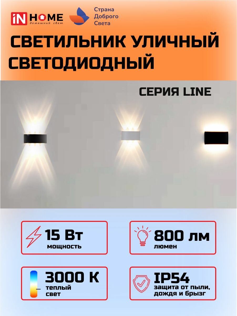 Фасадный светильник светодидодный ДБУ LINES 15Вт 3000К IP54 черный IN HOME уличный, настенный