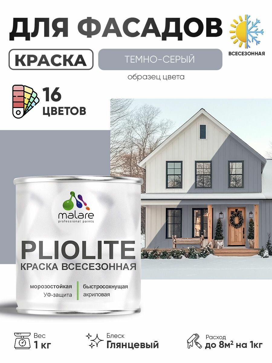 Краска-эмаль Pliolite всесезонная, зимняя, для всех типов поверхностей, антикоррозионная, RAL 7040, темно-серый, глянцевая, 1 кг.