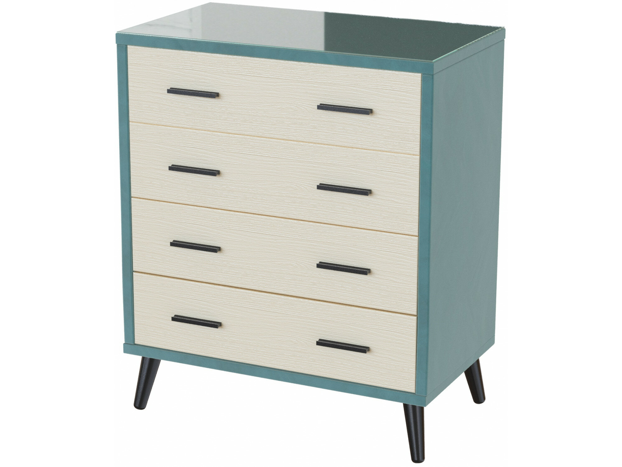 Комод интерьерный с 4 ящиками, с мягкой обивкой, 80х45х93 , велюр  бирюза/мдф клен кремовый