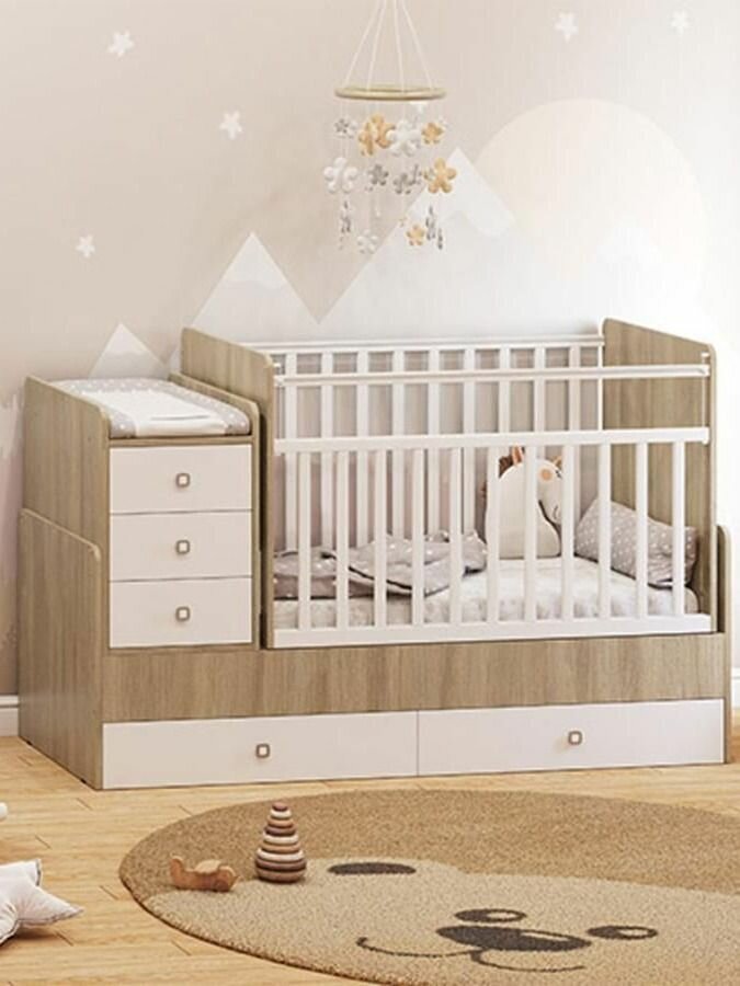 Кроватка-трансформер для новорожденных Флор 60х120 см, с реечным основанием, с маятником, с комодом, с ящиками для хранения, Вяз / Белый