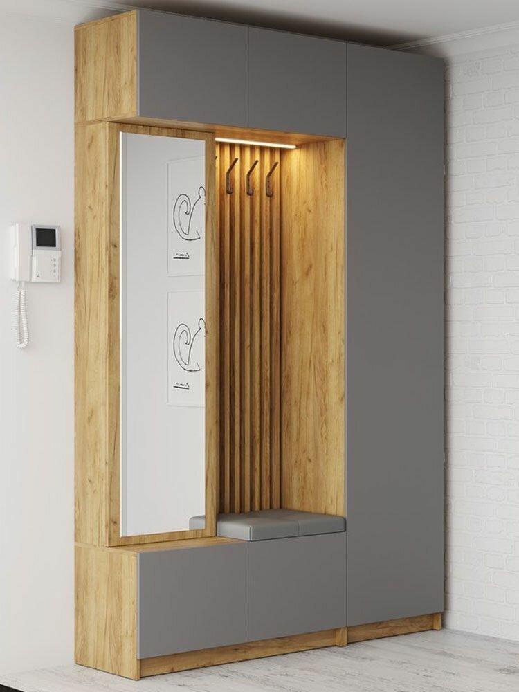 Прихожая комплект Бостон с полками, со штангой, с вешалкой, 155х41.4х236 см, Дуб Крафт золотой / Серый шифер / Серый, экокожа