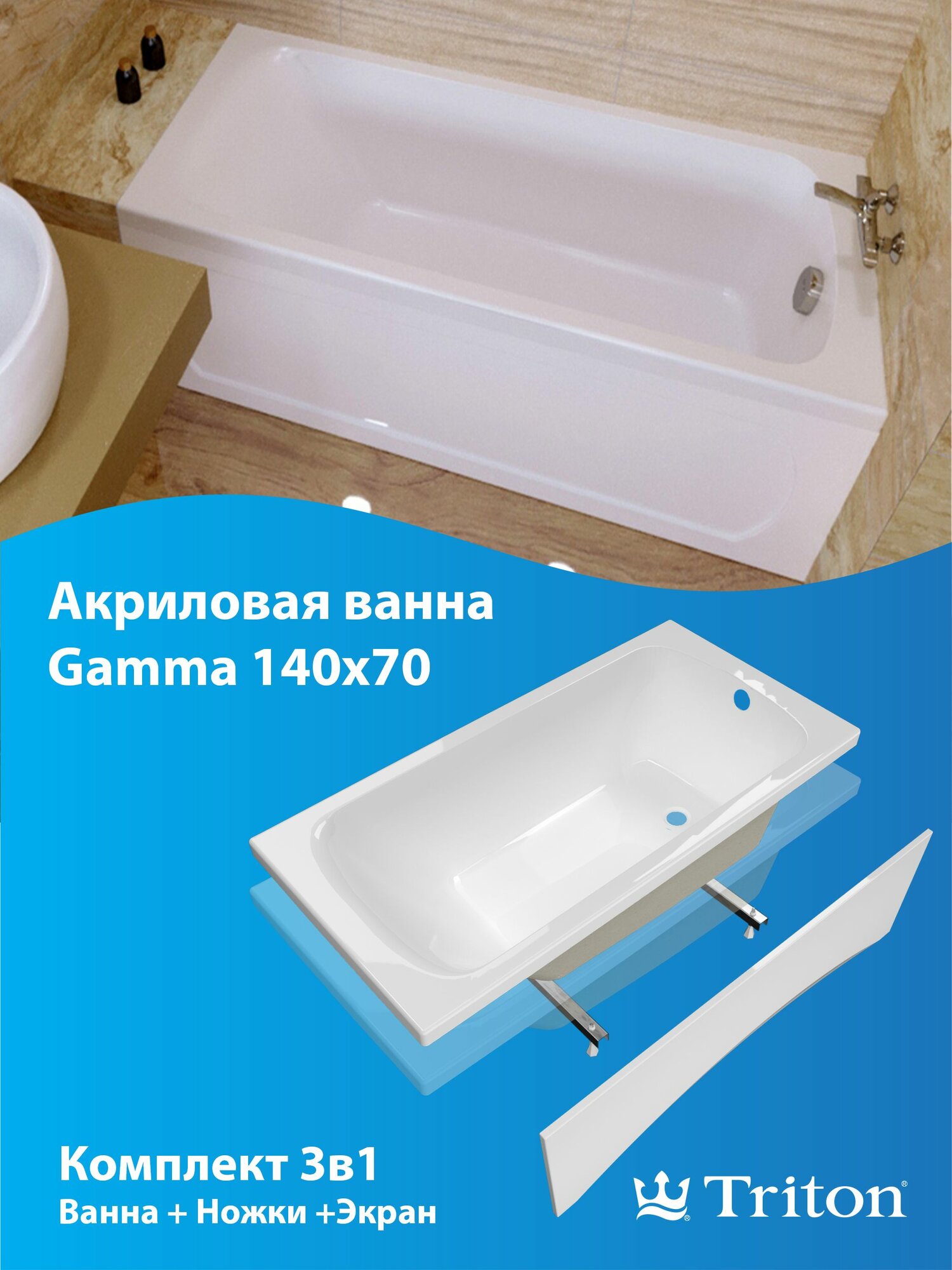 Акриловая ванна Triton Gamma 140х70 в комплекте с ножками и экраном