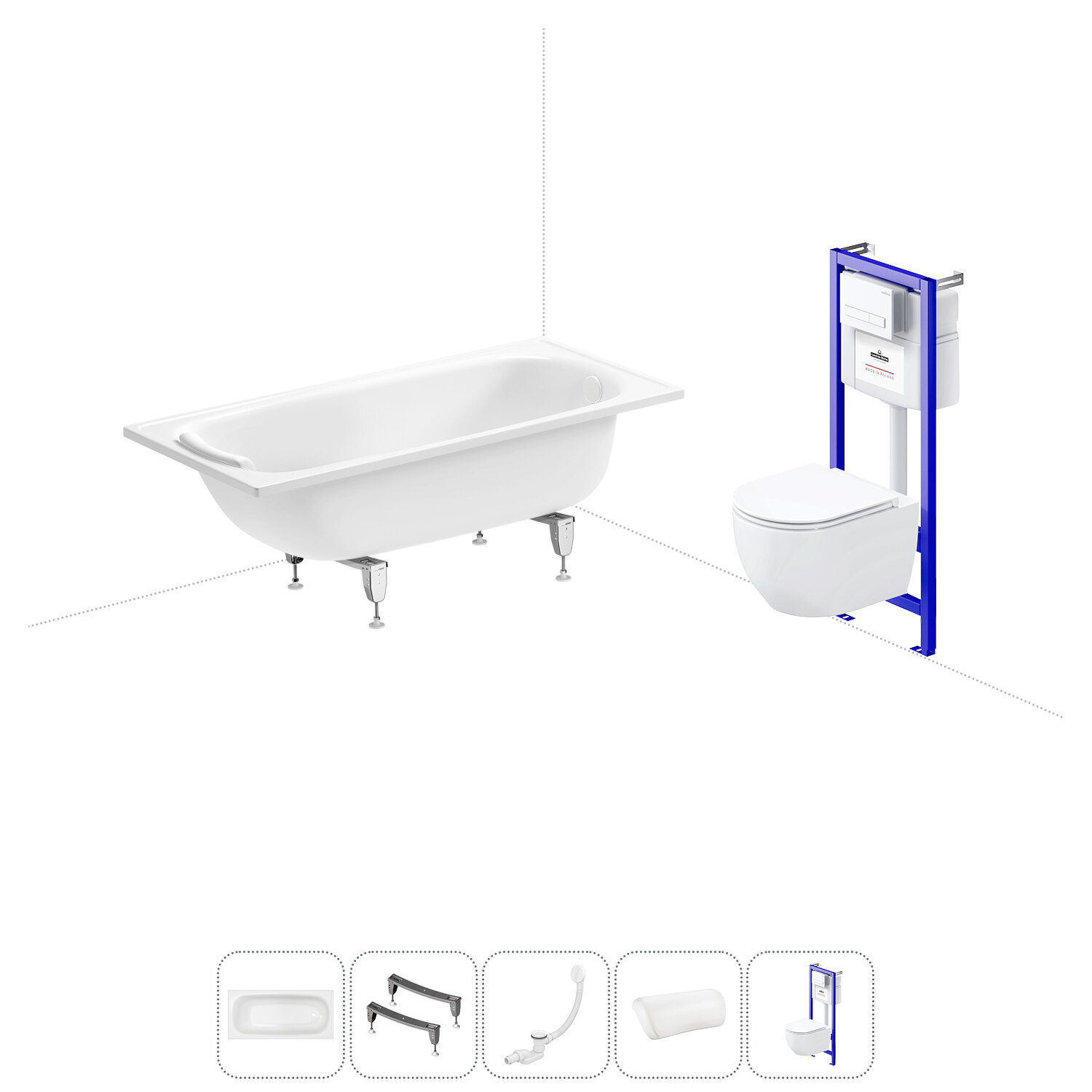 Стальная ванна 150х70 Sanitana BLB Europa 20220790R в наборе 5 в 1: металлическая ванна 150 х 70 см, ножки, слив-перелив, подголовник, инсталляция с унитазом