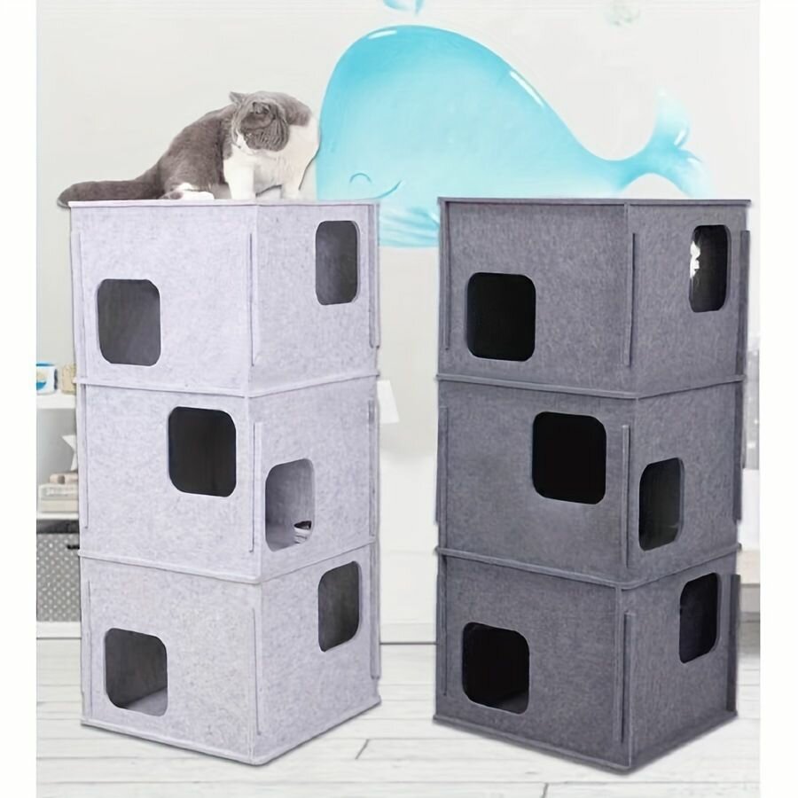 Кошачий домик,3-этажный домик для кошек, войлочный, водонепроницаемый, универсальный для всех сезонов, 43x43x100, светло-серый