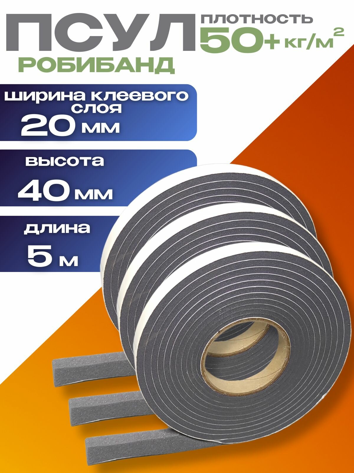 Робибанд ПСУЛ 20/40, 5 метров (плотность 50+ Премиум), Уплотнительная лента самоклеящаяся для дверей, окон, кровли, герметизации стыков, швов и зазоров, набор из 3 лент